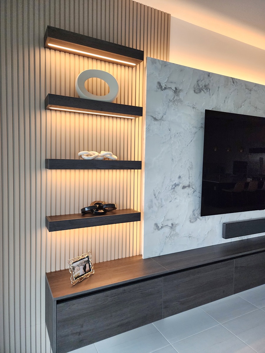 Modern Built in Entertainment Center Marble & Slatwall & Grey Wood ...